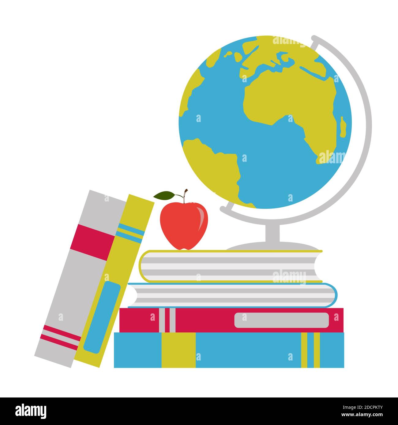 Globe Earth model, stack of books and apple. Back to school concept. Vector illustration in flat ...
