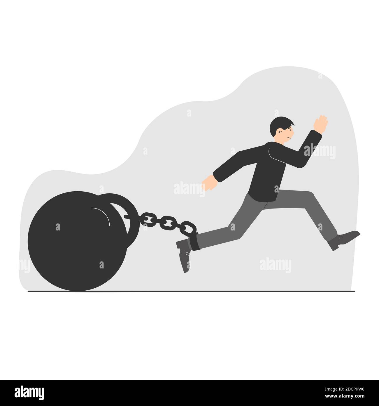A young man tries to escape with a huge weight on a chain. A symbol of ...