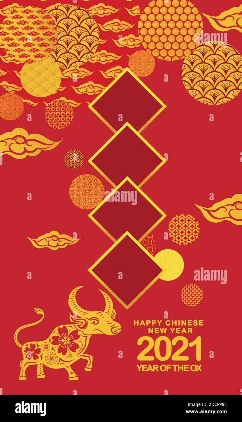 Happy chinese new 2021 year, year of the ox. Set of vertical banners ...