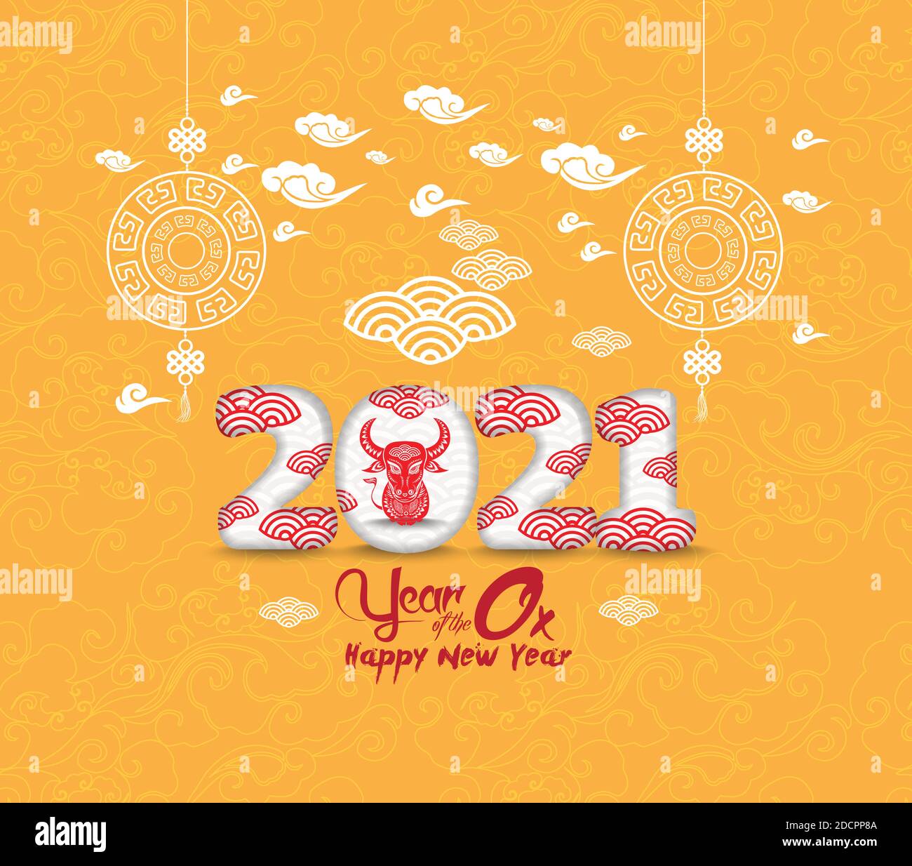 Happy chinese new year 2021 with cute ox zodiac sign in china cloud ...
