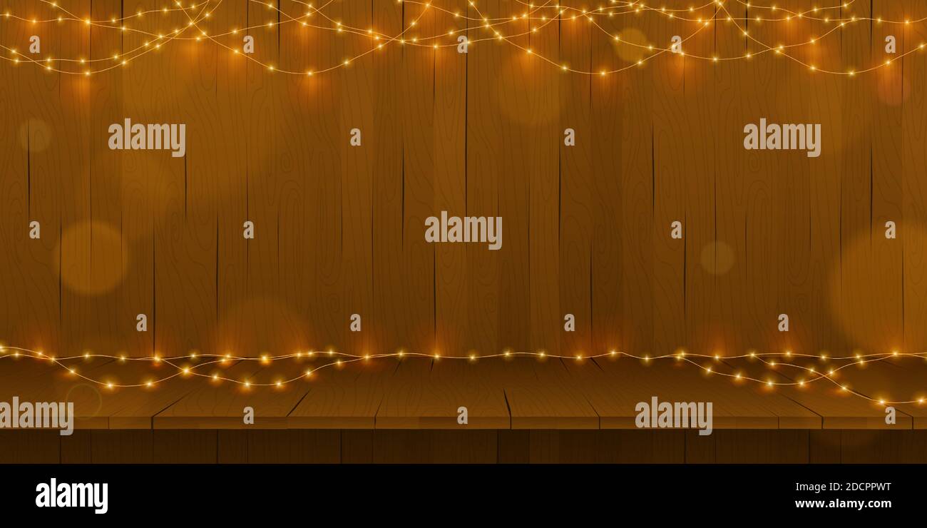 Vector shiny lights chain on wooden texture poster background. Natural ...
