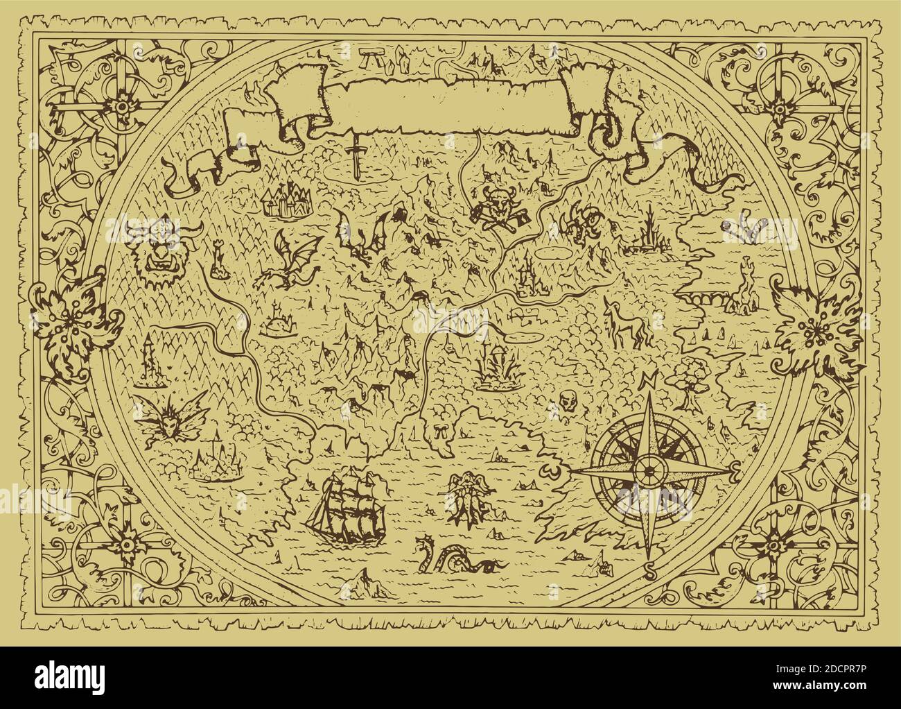 Vector fantasy map with baroque decorative frame and mythology ...