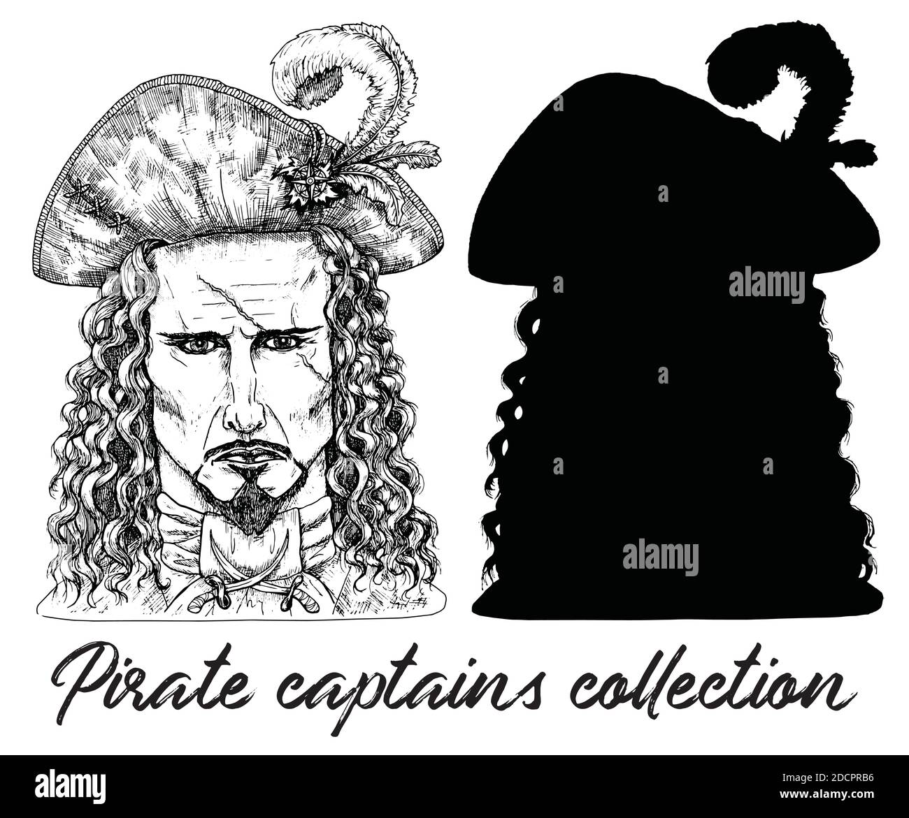 Pirate captain with scar and silhouette isolated on white. Hand drawn ...