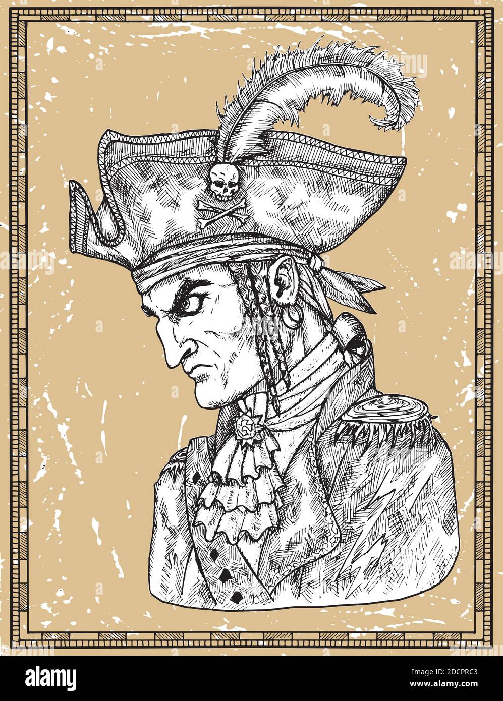 Pirate captain portrait in frame on texture background. Hand drawn ...