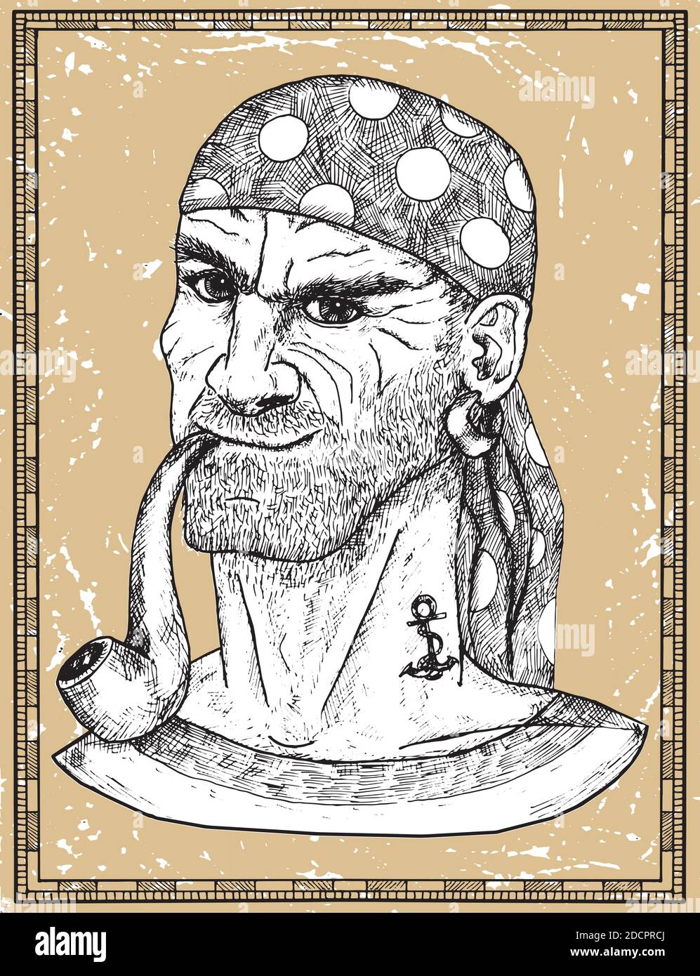 Portrait of seaman, pirate captain or boatswain smoking pipe on texture ...