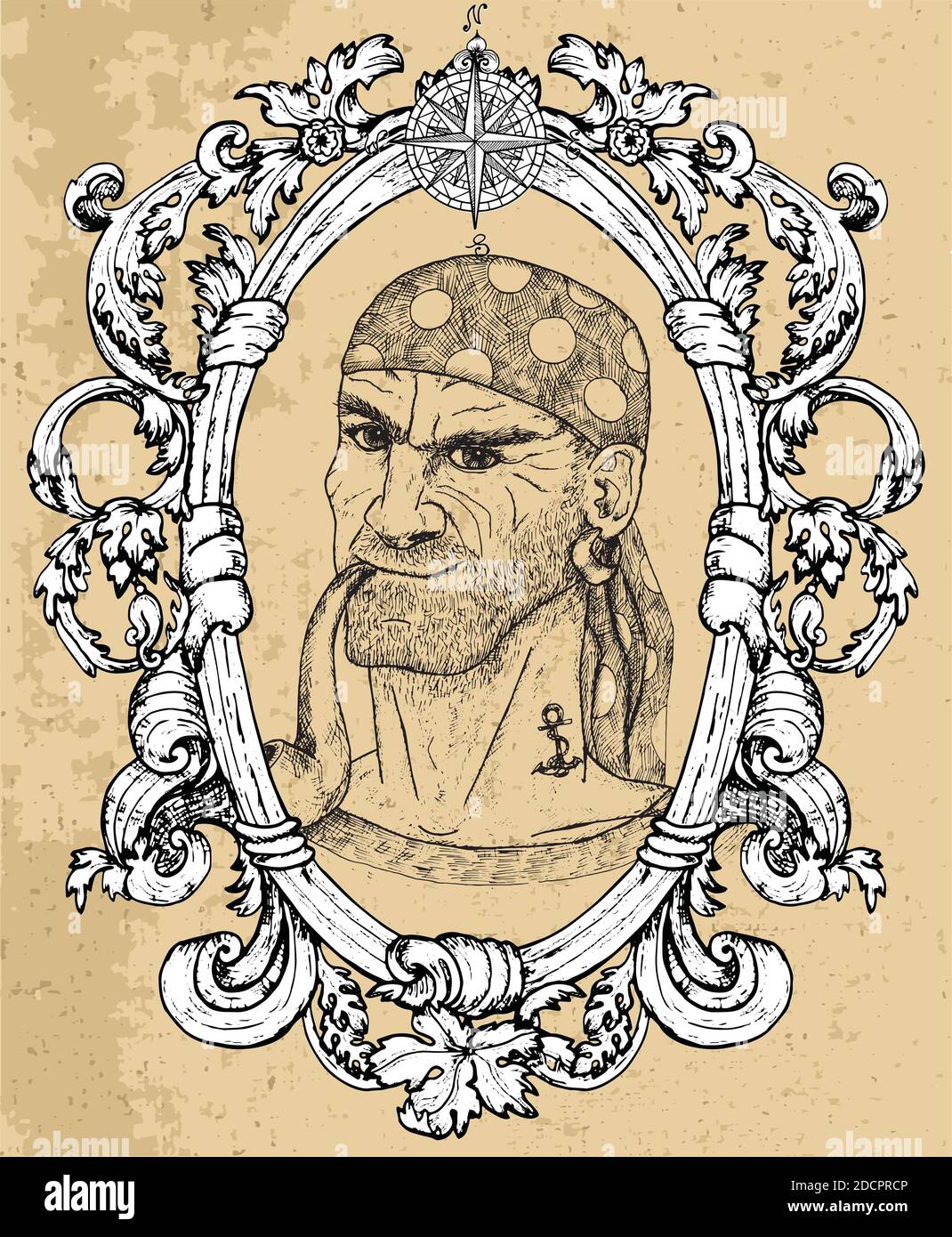 Portrait of seaman, pirate captain or boatswain smoking pipe on texture ...