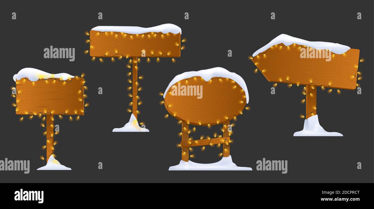 Snow road signs. Wooden christmas direction arrows with snowy caps ...