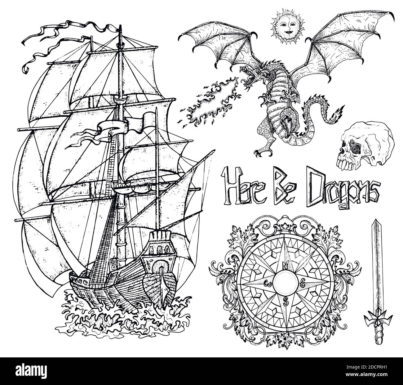 Hand drawn vector graphic illustration, engraved drawings for cards ...