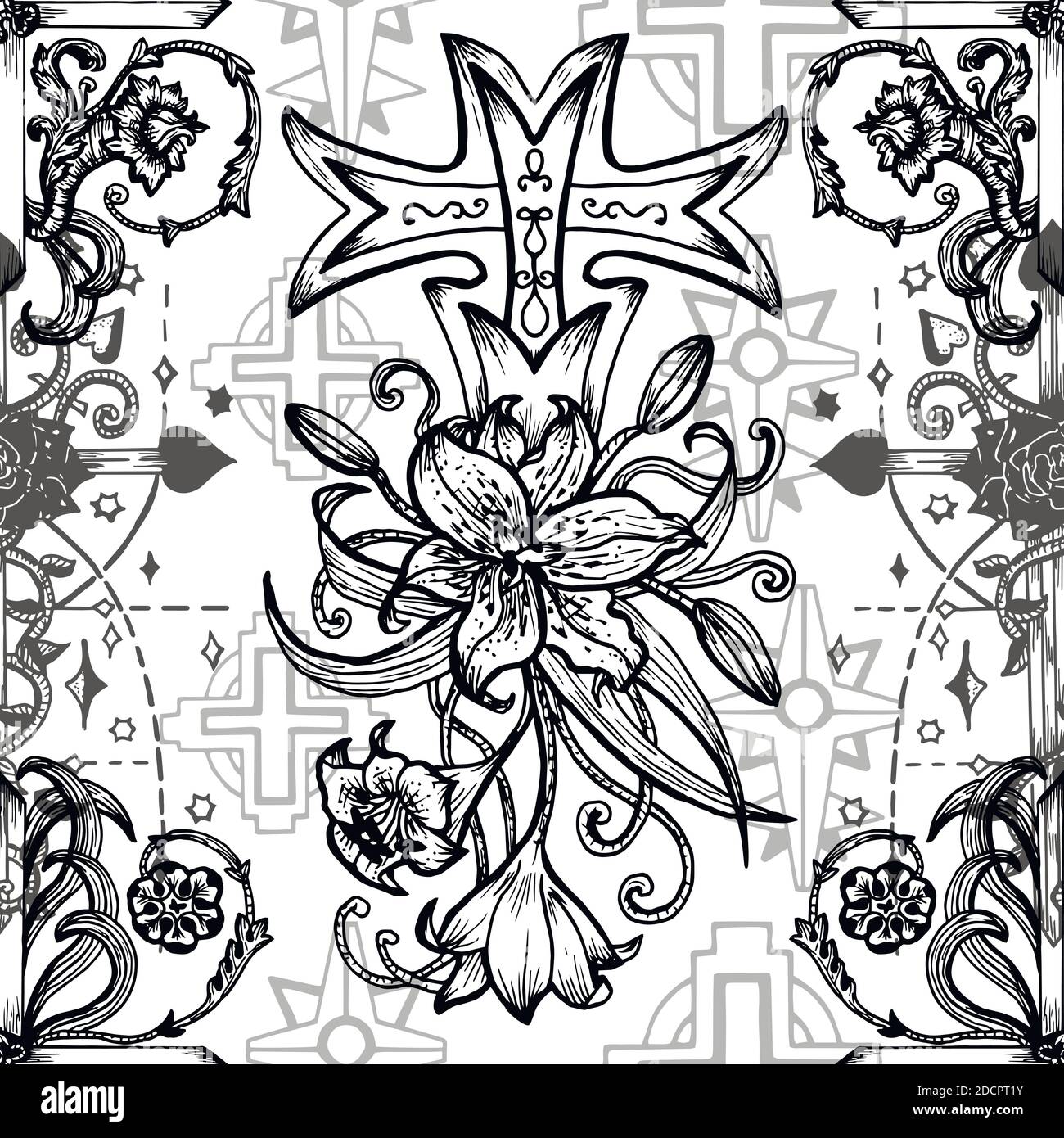 Seamless pattern with fantasy cross and baroque patterns, gothic and ...