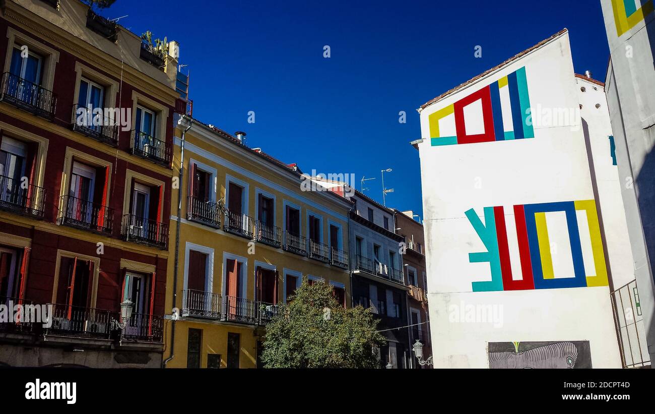 Colorful paintings on Spanish buildings, Madrid downtown Stock Photo ...
