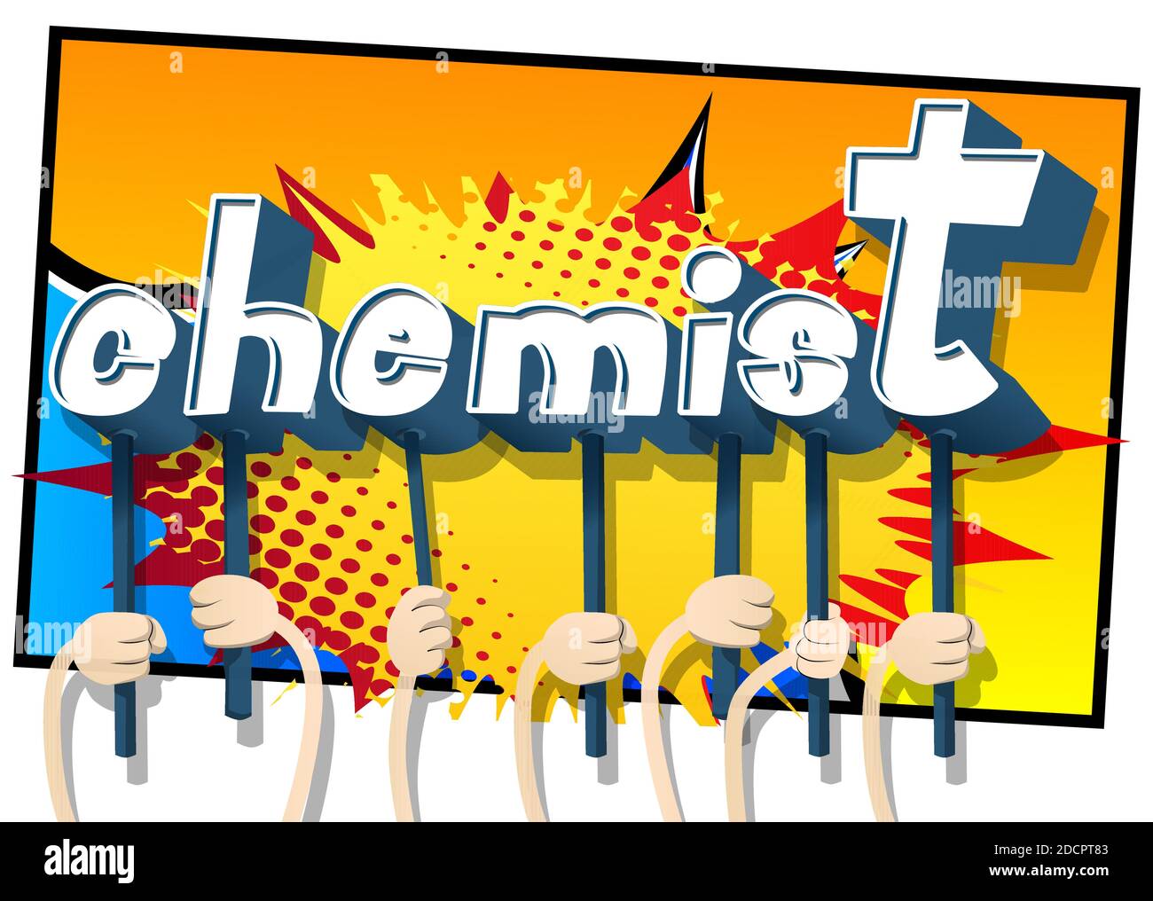 Diverse hands holding letters of the alphabet created the word Chemist ...