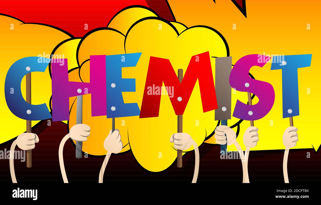 Diverse hands holding letters of the alphabet created the word Chemist ...