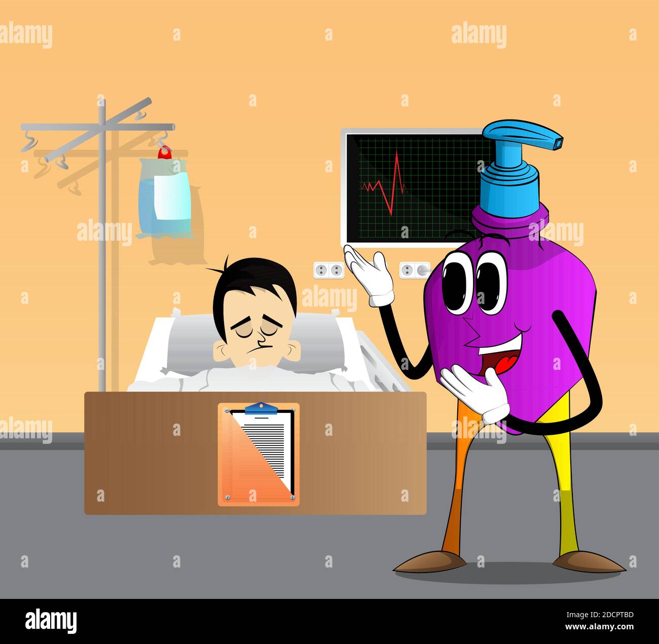 Cartoon bottle of hand sanitizer gel for hygiene with face showing ...