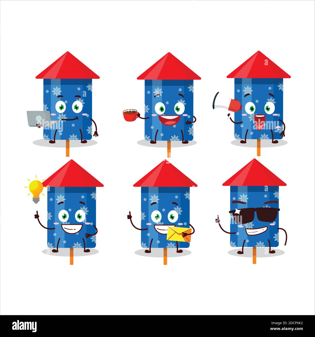 Blue firecracker cartoon character with various types of business ...