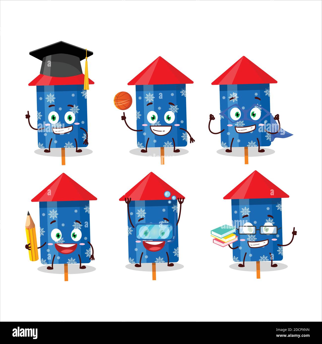 School student of blue firecracker cartoon character with various ...