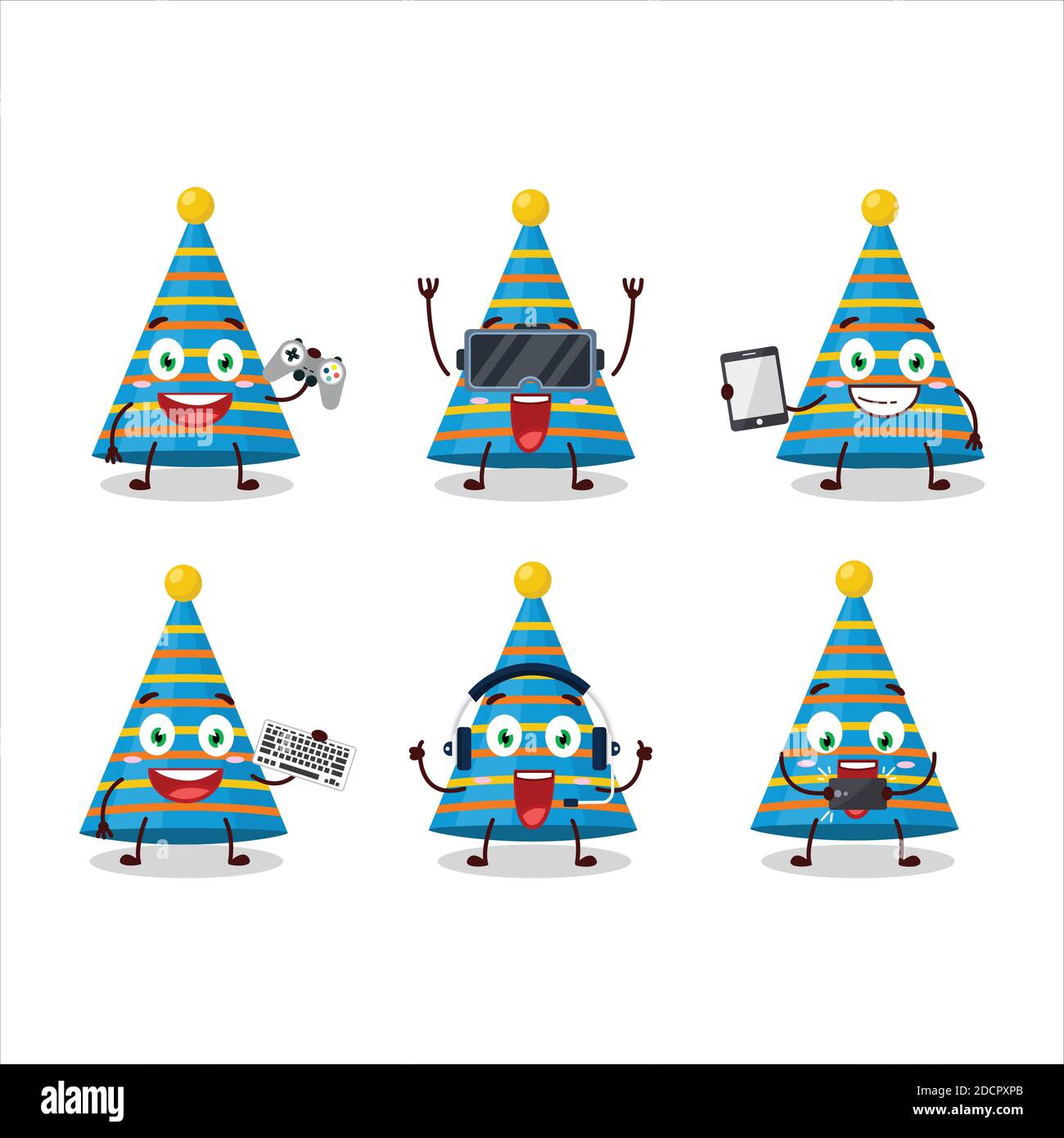 Blue party hat cartoon character are playing games with various cute ...