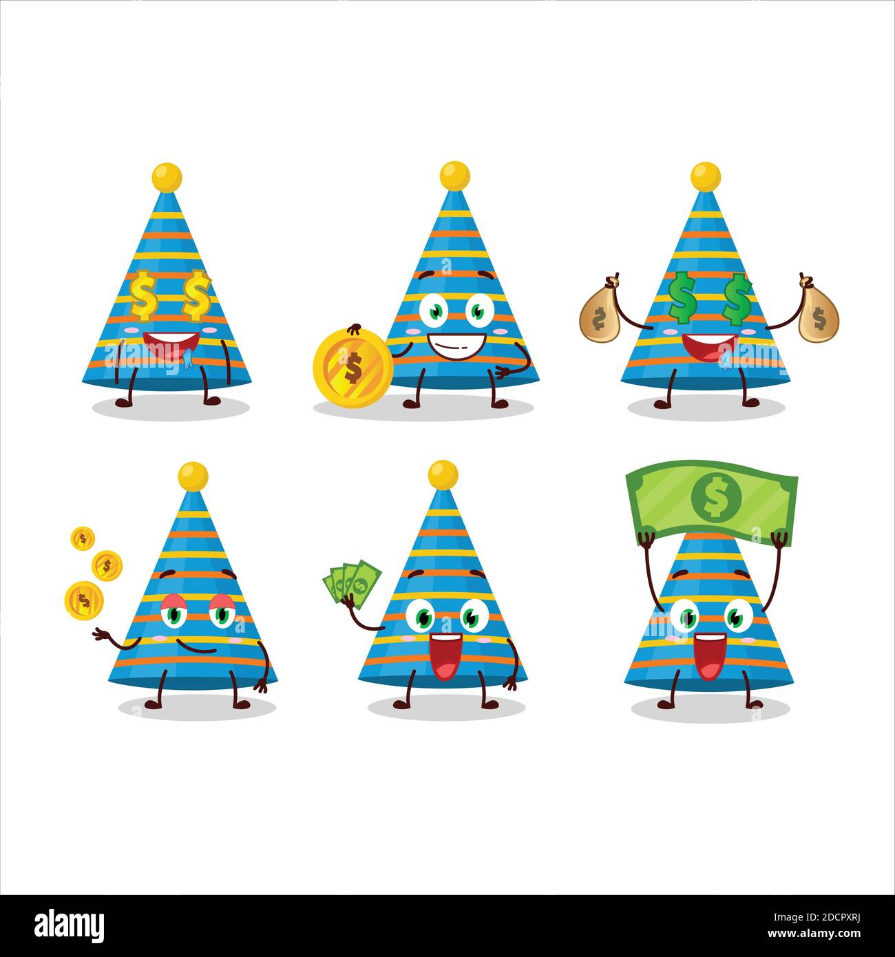 Blue party hat cartoon character with cute emoticon bring money. Vector ...