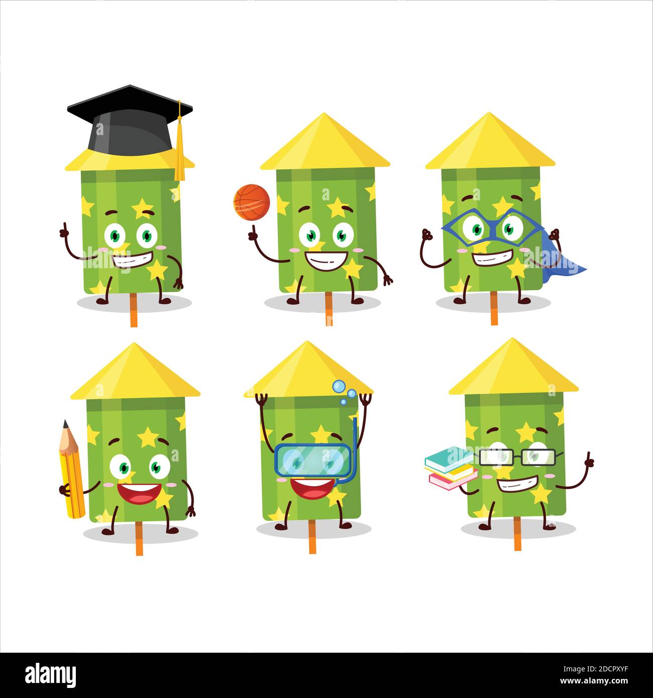 School student of green firecracker cartoon character with various ...