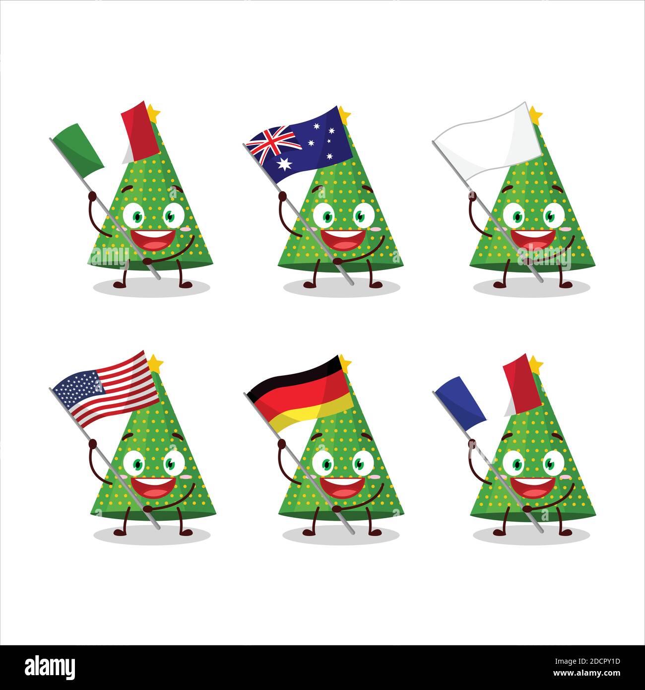 Green party hat cartoon character bring the flags of various countries ...