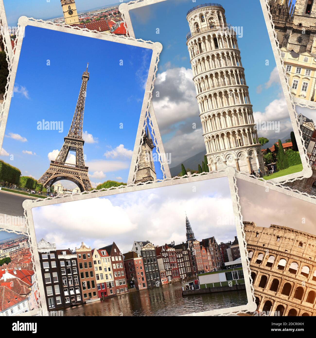 Vintage travel background with retro photos of european landmarks ...