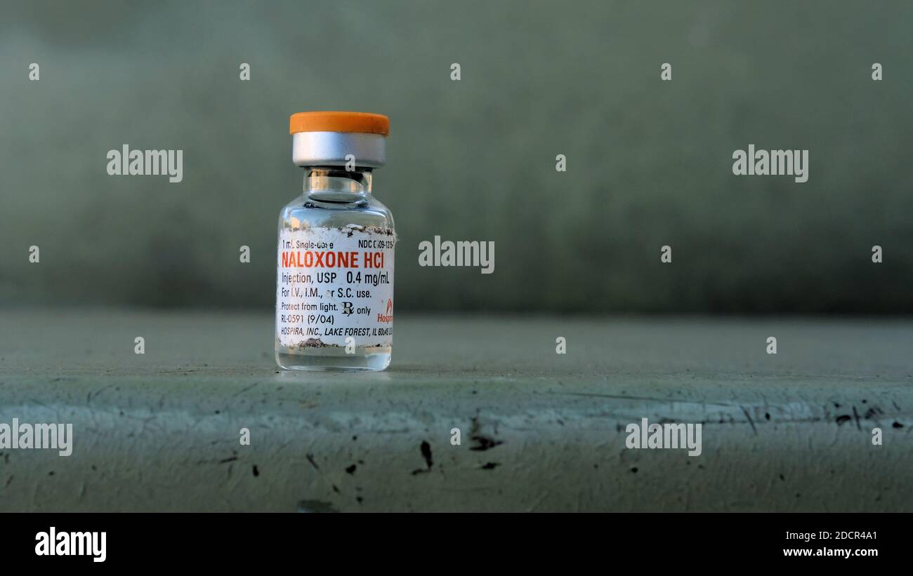 Empty Naloxone HCL vial left on a bench opioid antagonist used for the ...