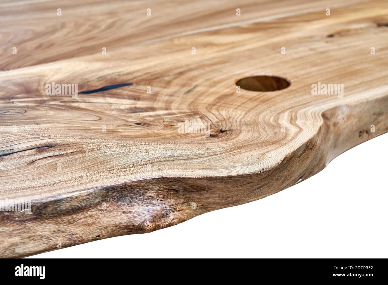 Live edge elm desk countertop on white background. Close-up Stock Photo ...
