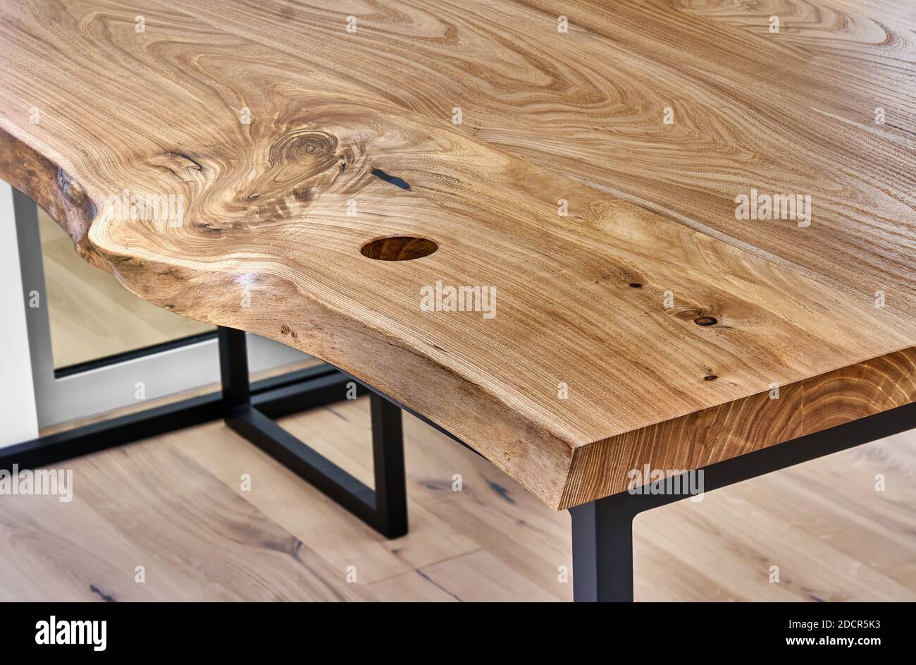 Live edge elm gaming desk countertop with metal base in a modern home ...
