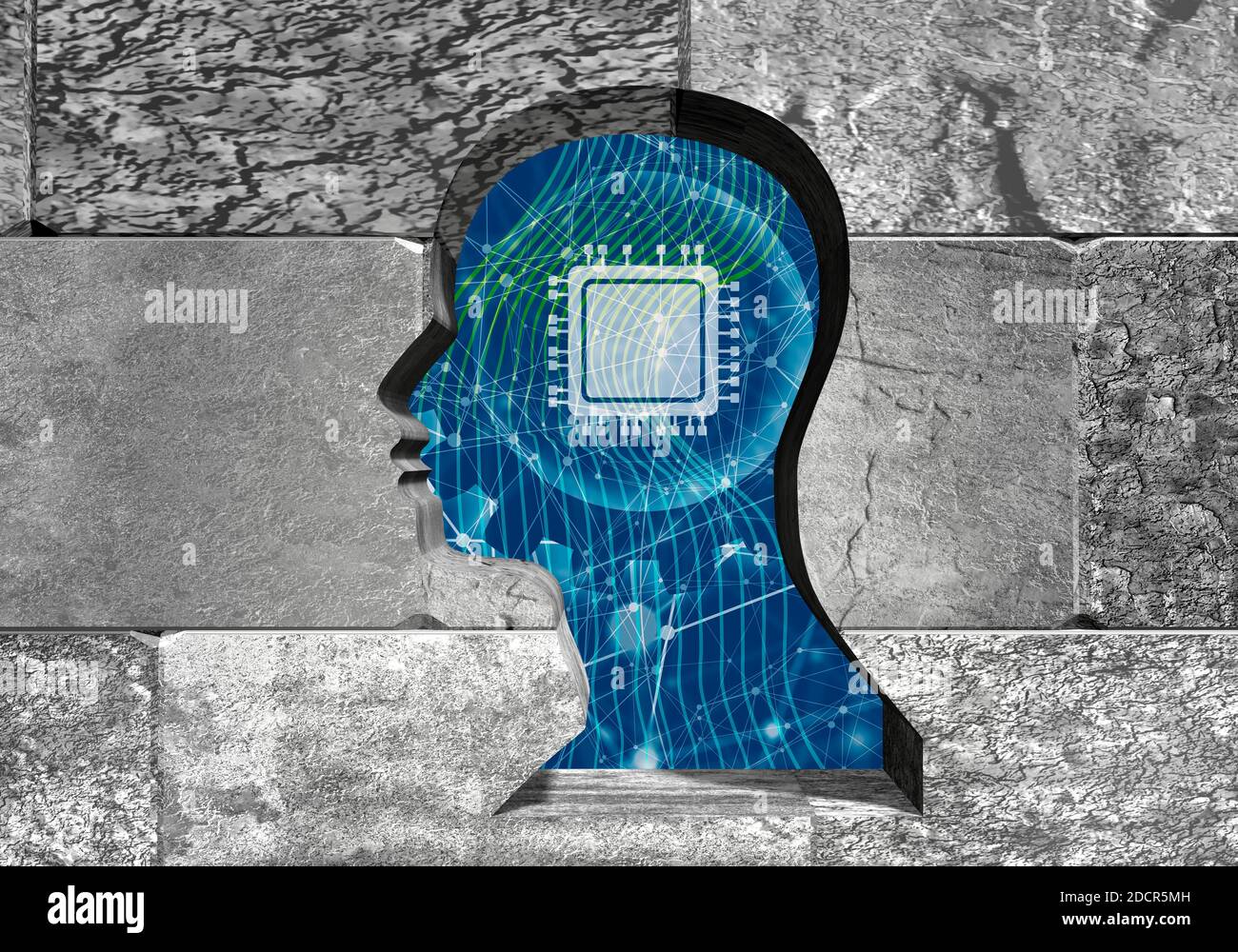 Man head as key hole in the concrete blocks wall. 3D rendering. Algorithm binary, data code ...