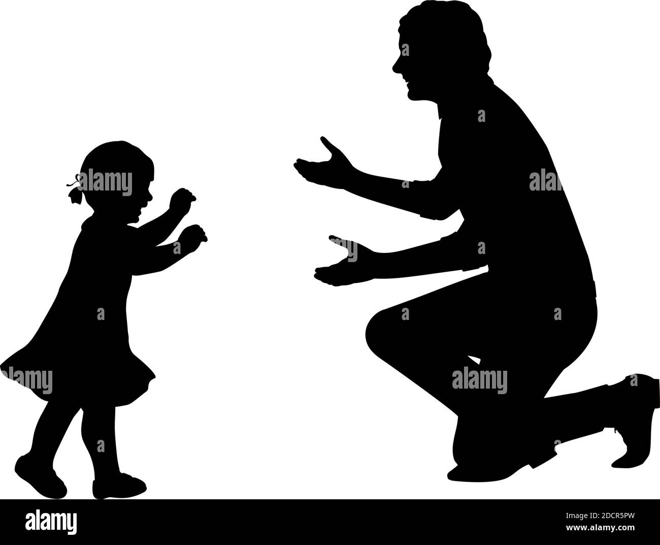 Silhouette of little daughte taking the first steps towards his father ...