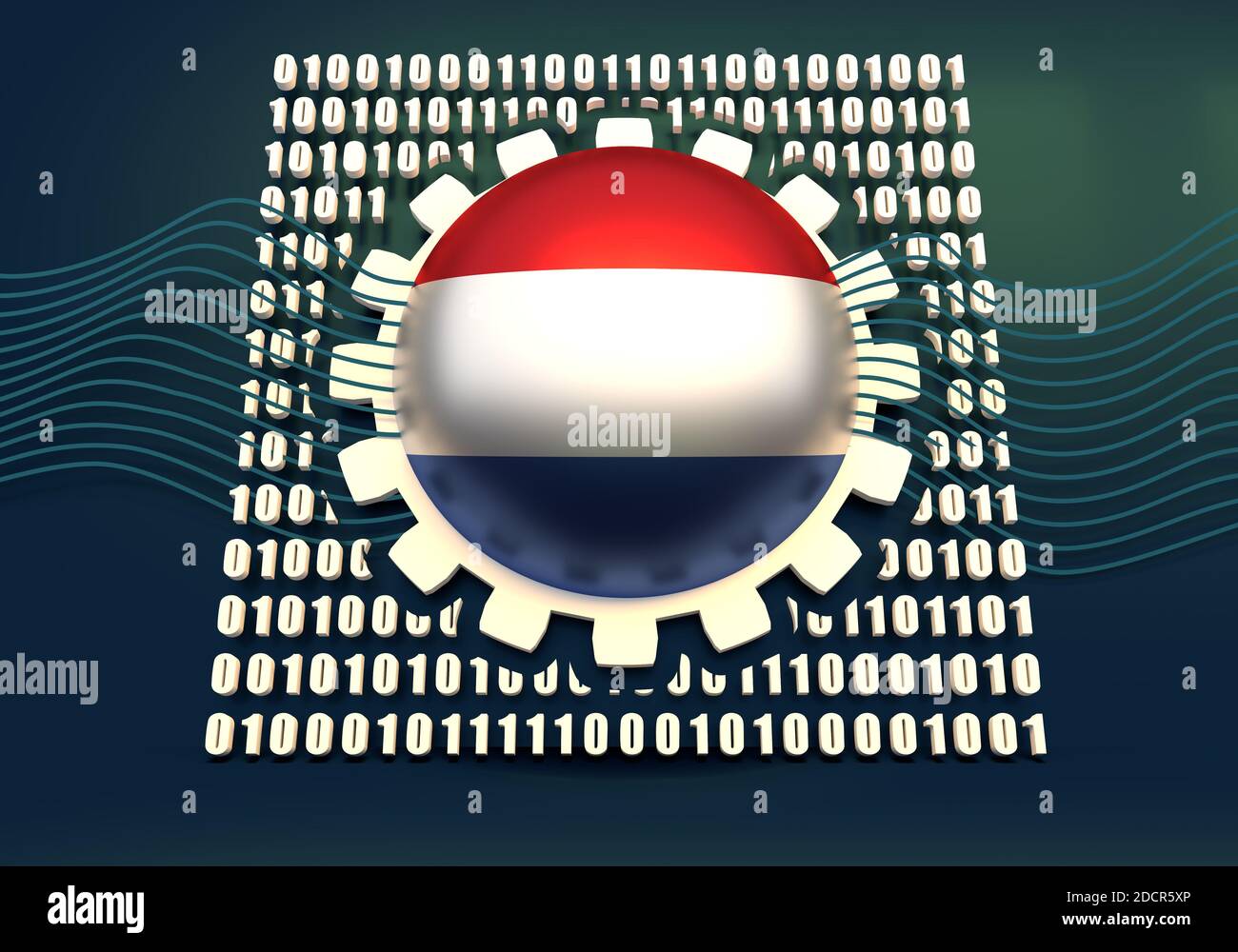Binary code background with gear and flag of the Netherlands. Algorithm binary, data code ...