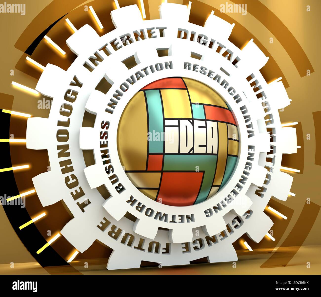 Technology relative words on the mechanism of gears. Concept in industrial design. Idea text. 3D ...