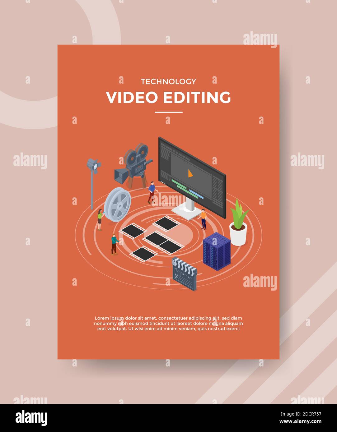 technology video editing people standing front computer camera strip ...