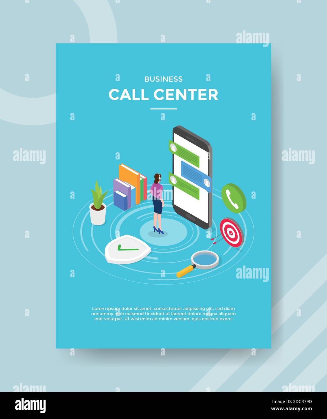 business call center women standing front smartphone around book stack ...