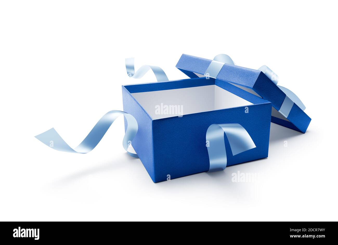 Blue open gift box with ribbon isolated on white background Stock Photo ...