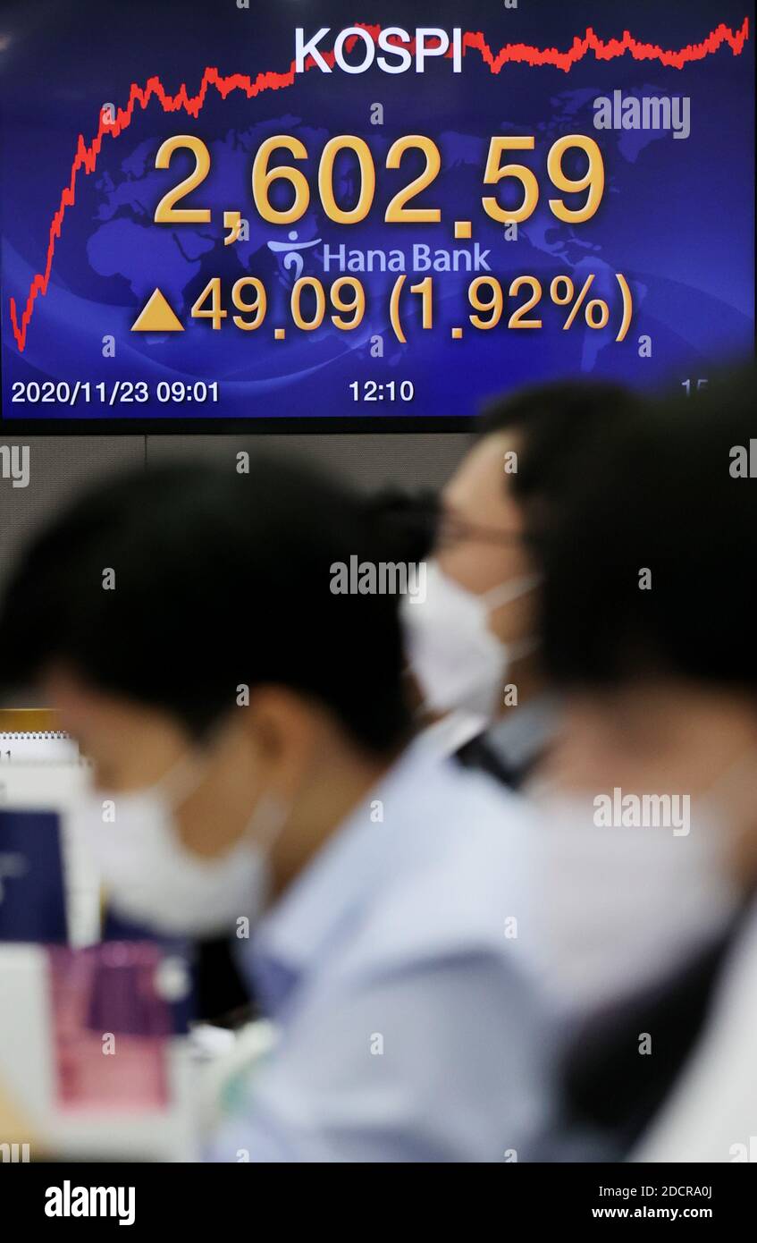 23rd Nov 2020. KOSPI hits near all time high An electronic signboard at KEB Hana Bank in Seoul shows the benchmark Korea Composite Stock Price Index KOSPI having soared 49.09 points or 1.92