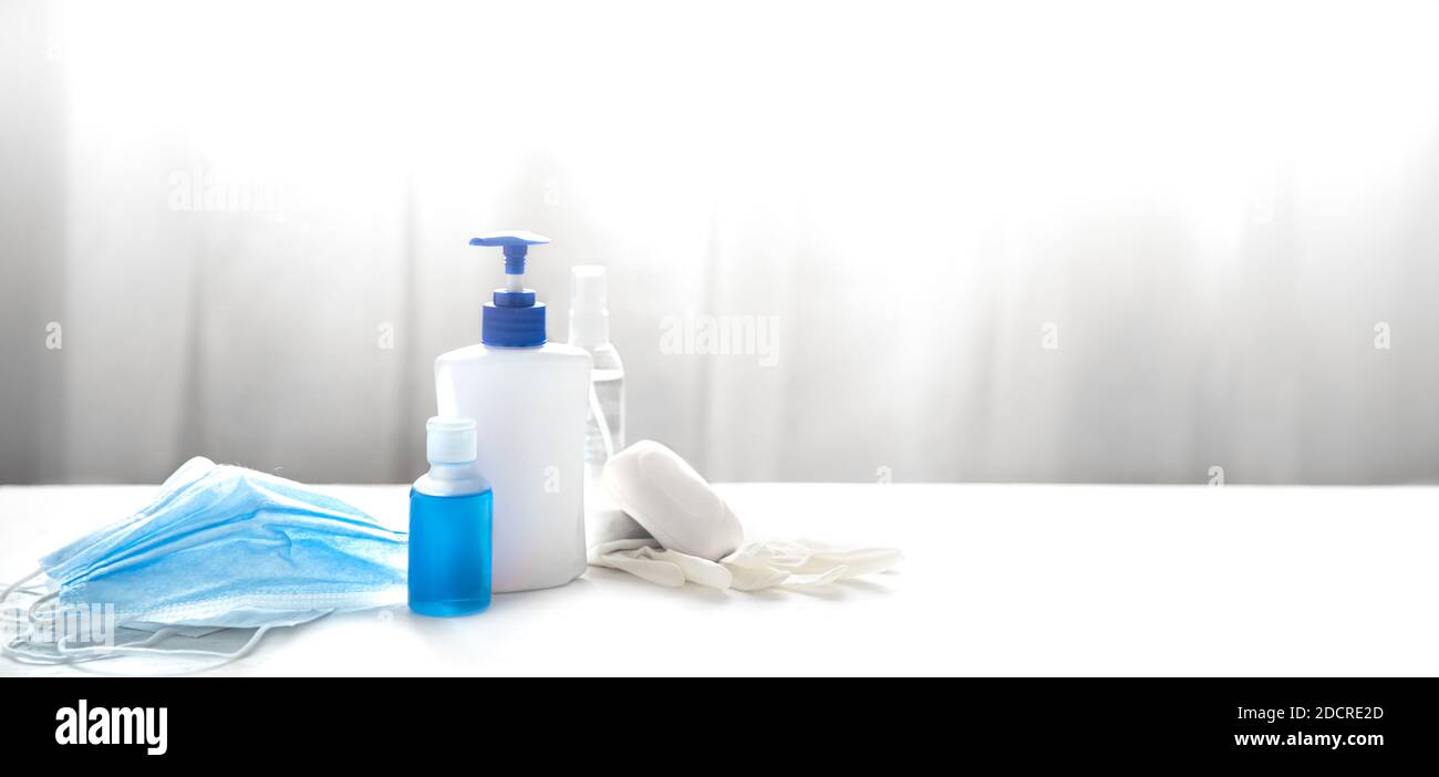 Antivirus set of items: various filtering safety face masks, sanitizer ...