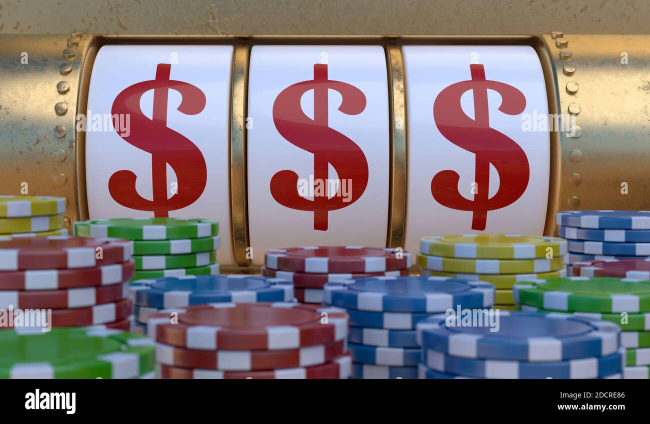 Slot machine in casino showing winning dollar signs. 3D rendered ...