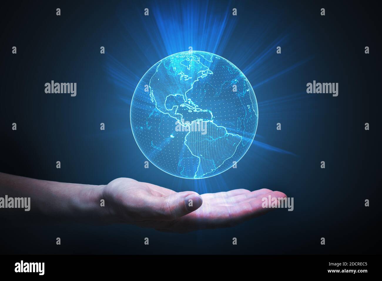 Man is holding glowing globe in hand. Global network concept Stock ...
