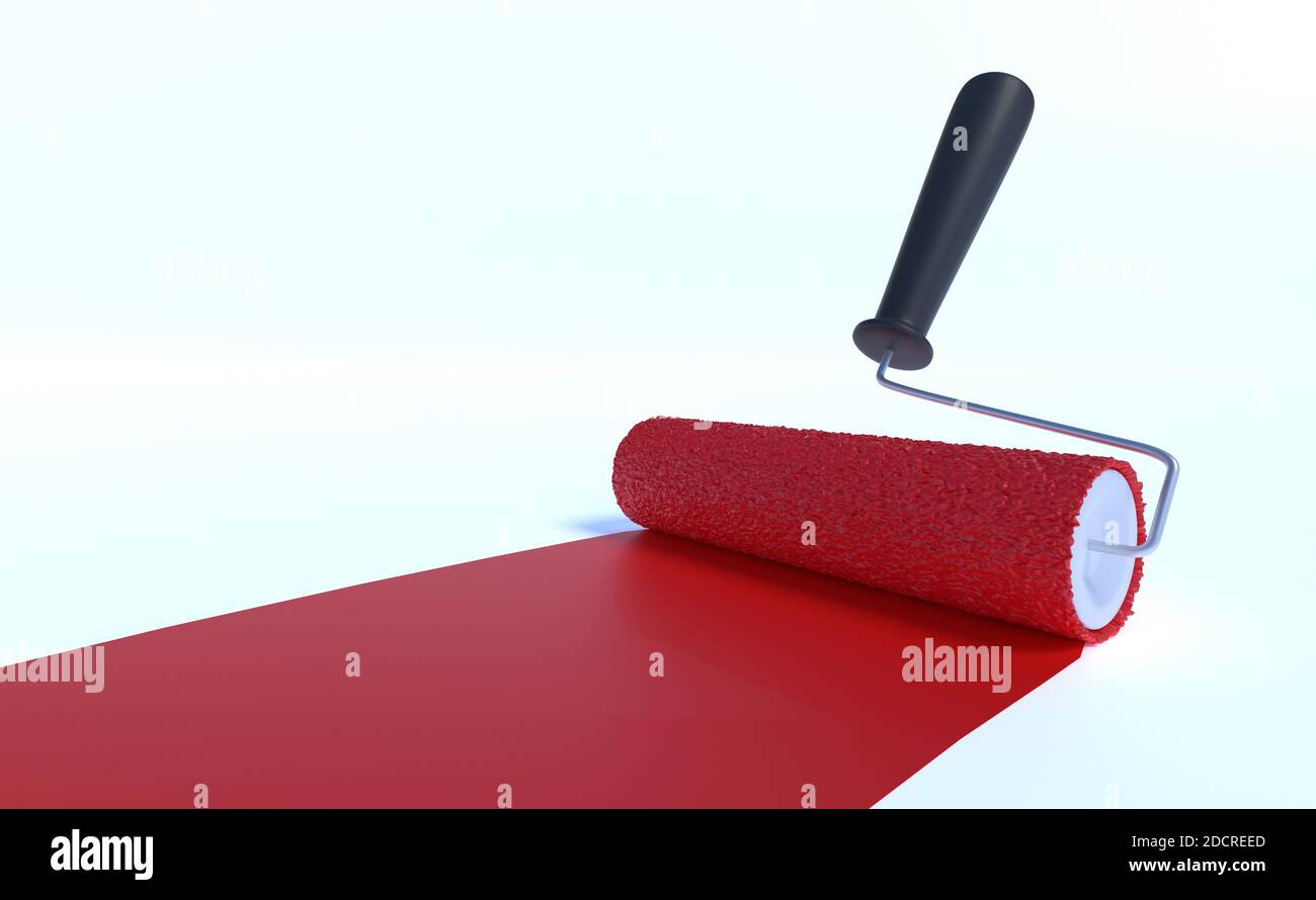 Paint roller with red color. Isolated on white background. 3D rendered ...