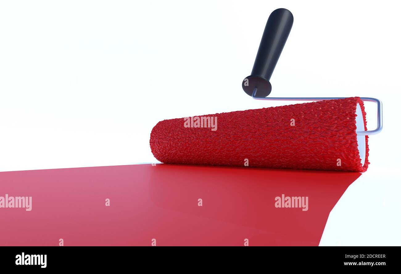 Paint roller with red color. Isolated on white background. 3D rendered ...