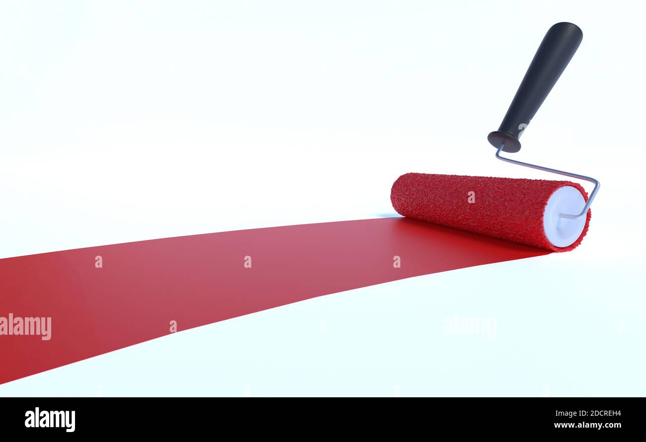 Paint roller with red color. Isolated on white background. 3D rendered ...