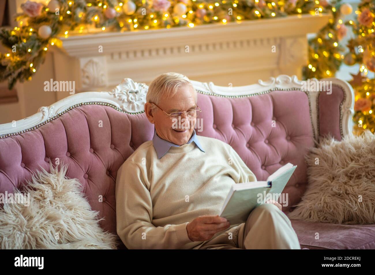 Grey-haired man reading a book and smiling Stock Photo - Alamy