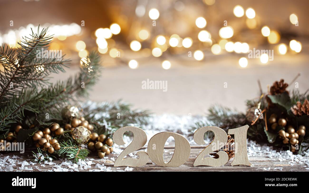 Cozy Christmas background with decorative wooden 2021 numbers on ...
