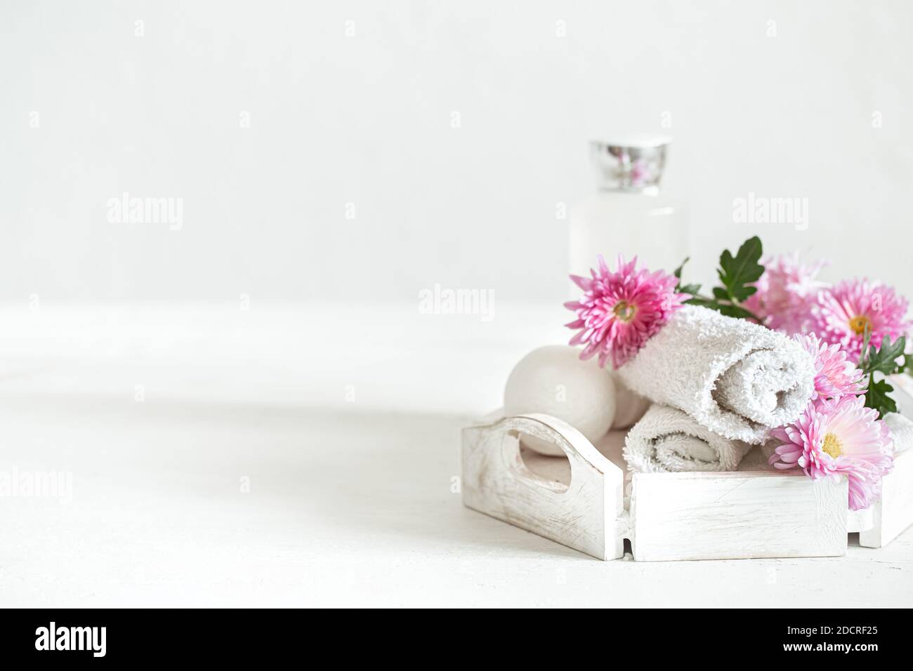Spa background with products for personal hygiene and beauty with pink ...