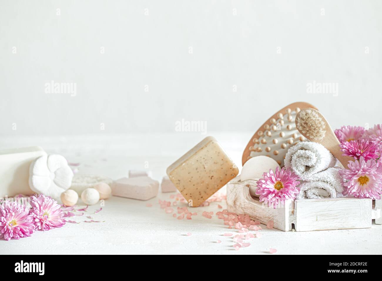 Light background with a set of body care products. Health and beauty ...