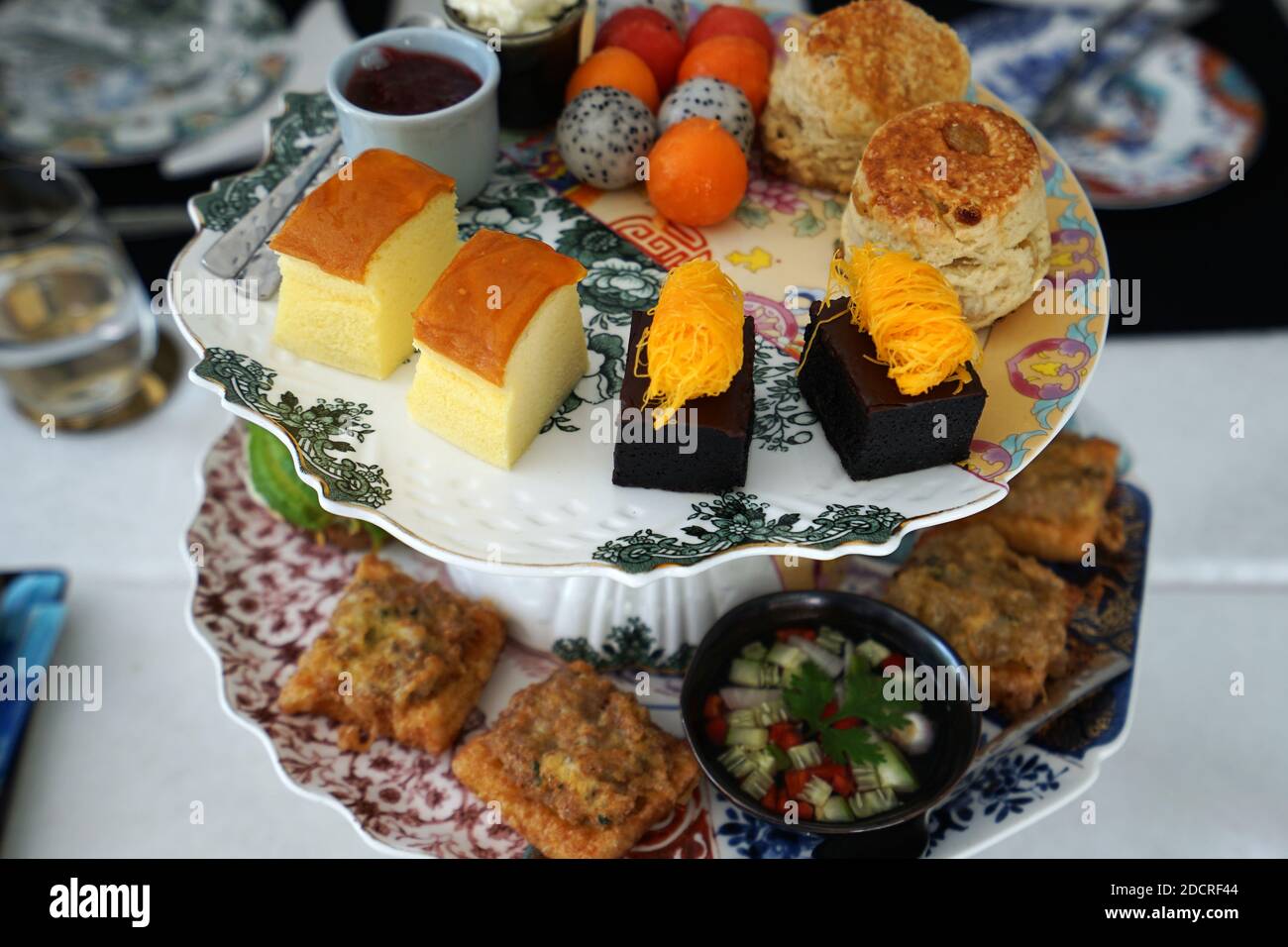 Close up Afternoon tea bakery and pastry in Thai style -Smoked salmon ...