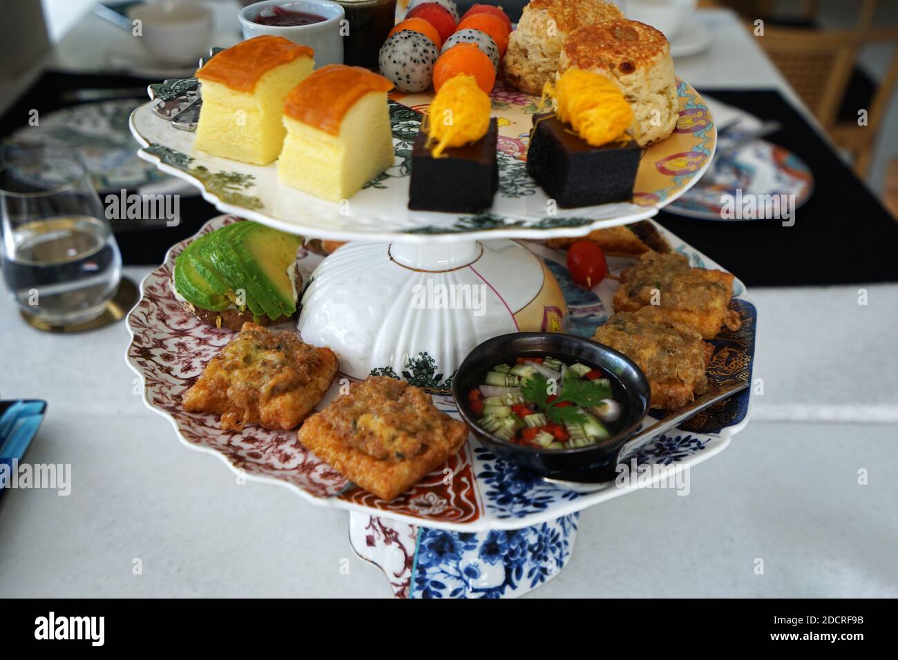 Close up Afternoon tea bakery and pastry in Thai style -Smoked salmon ...