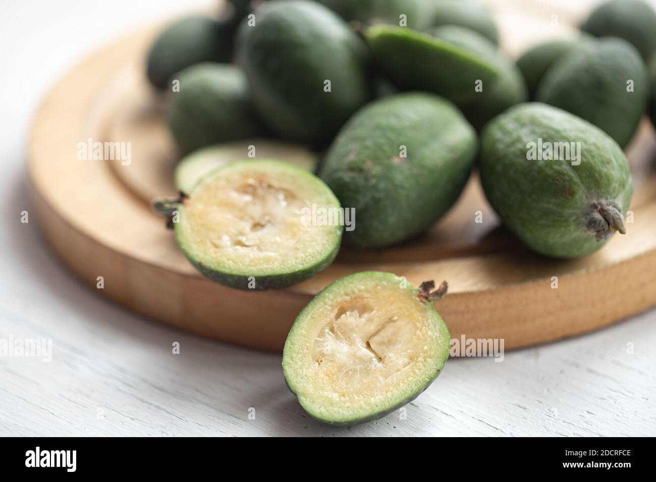 Feijoa green on a light background. Feijoa Selloana is a fruit crop ...