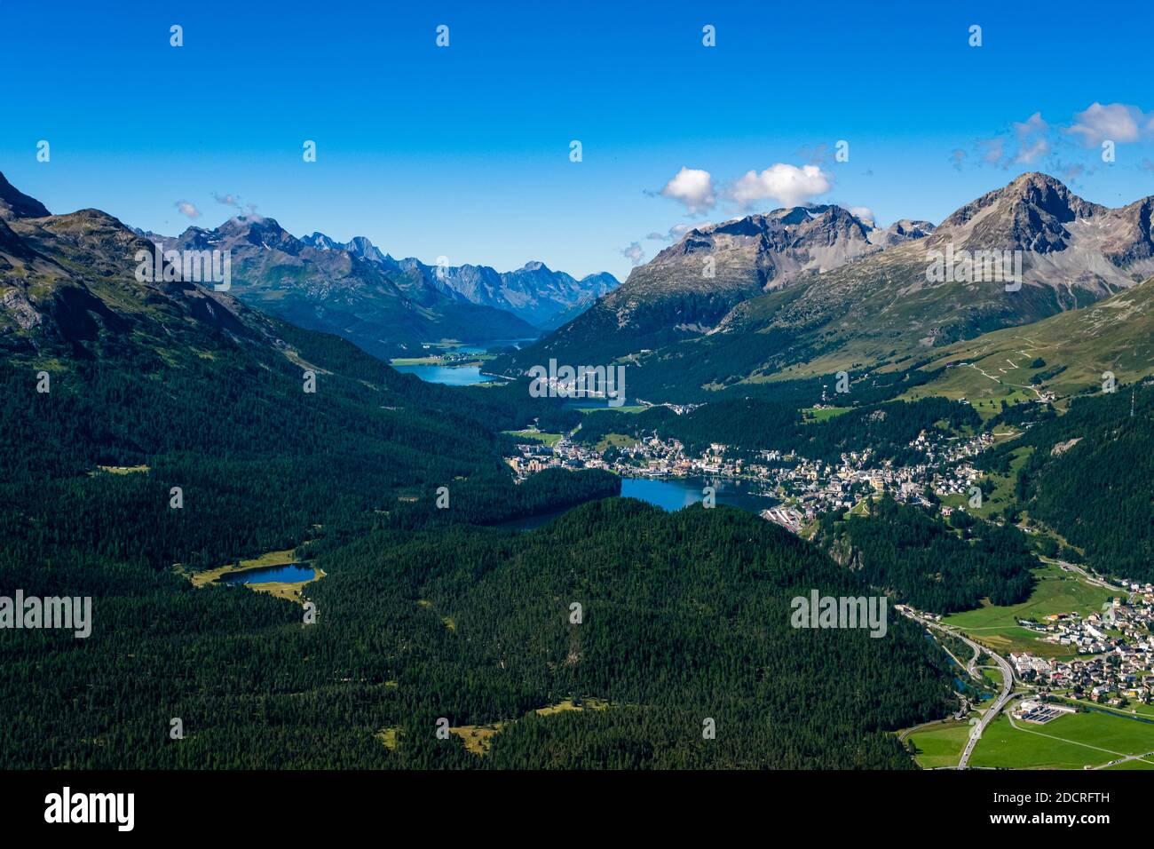 Aerial view on the town St. Moritz, Lake St. Moritz, Lake Silvaplana ...