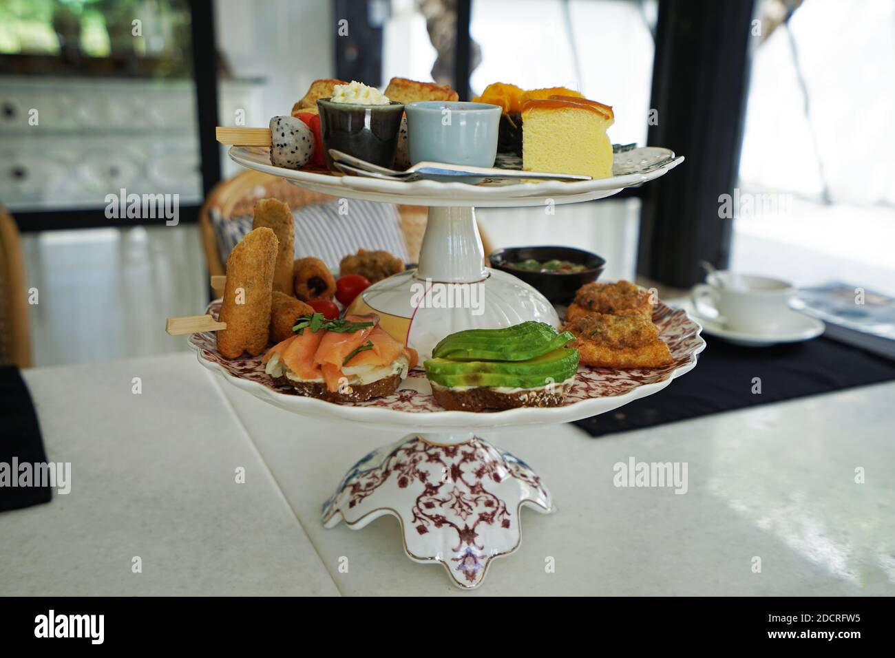 Close up Afternoon tea bakery and pastry in Thai style -Smoked salmon ...